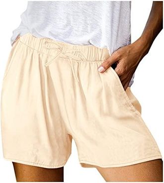 Generic Short Lin Coton Femme &eacute;t&eacute; Chic Leger Fluide Pas Cher Shorts Habill&eacute; Femme Grande Taille &eacute;lastique avec Poches Confortable Ample Mode 2025 Casual Sport