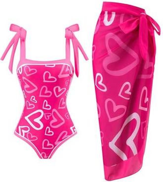 Generic 2026 Maillot de bain 1 pi&egrave;ce pour femme avec 1 cache-maillot de bain 2 imprim&eacute;s pour la Saint-Valentin, rose, XL