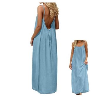Generic Womens Solid Color Backless Cami Dress,Adjustable Sleeveless Spaghetti Strap Flowy Maxi Sundress Tie Back Beach Vacation Outfit (Light Blue,Grand)