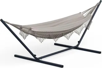 Blumfeldt Outdoor-H&auml;ngesessel mit Gestell & Kissen, 150 kg Tragkraft - wetterfeste H&auml;ngematte aus Baumwollstoff, Holzspreizen & Tragetasche, ideal als