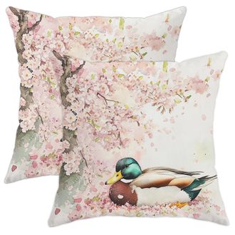 Generic Deko-Kissenbez&uuml;ge mit Kirschbl&uuml;ten-Ente, Aquarell, saisonale Heimdekoration, f&uuml;r Sofa, Bett, Couch, von der Natur inspirierte Akzente, 40,6 x 40,6 cm,