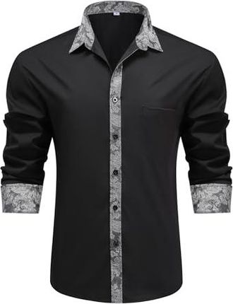 AlltheMen Chemise Boutonnée Homme à Manches Longues Chemise décontractée pour Le Travail Coupe régulière Fête de Mariage Noir+Gris XL
