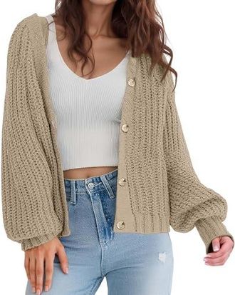 Generic Pull &eacute;pais ouvert sur le devant &agrave; manches longues en tricot boutonn&eacute; pour femme, beige, XXL