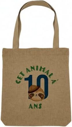 Fabulous Sac Shopping Tote Bag Aspect Lin - Cet Animal &Agrave; 10 Ans Anniversaire Celebration Enfant Cadeau Safari Theme - Sac de Courses Toile Epaisse 360g Beige N