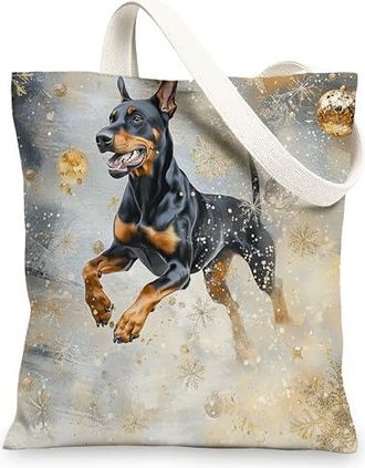 Generic Sac fourre-tout en toile motif doberman de No&euml;l pour faire du shopping 33 x 38,1 cm, sac d&eacute;picerie r&eacute;utilisable de luxe pour femme, motif de voyage po