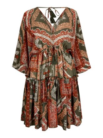 Apricot Satin Scarf Print Kaftan Mini Dress