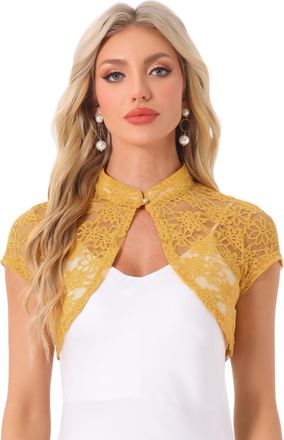 Allegra K Damen Sommer Spitze Bolero Strickjacke Kurzarm Hochzeit Leicht Elegante Festlich J&auml;ckchen f&uuml;r Abendkleid Ingwer Gelb S
