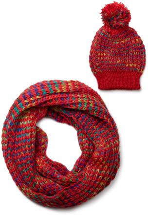 styleBREAKER Schal und Mütze Kombi Set/bunter Grobstrick Loop Schlauchschal mit Strick Beanie Mütze 01018201 (rot)