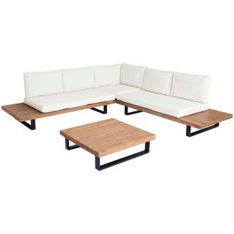 Hhg Neuwertig] Garten-Garnitur HHG 641, Garnitur Sitzgruppe Lounge-Set, Spun Poly Akazie Holz mvg Alu hellbraun, Polster cremewei&szlig;