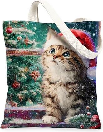 Generic Sacs fourre-tout en toile motif chat de No&euml;l, sacs d&eacute;picerie r&eacute;utilisables, sacs d&eacute;picerie r&eacute;tro l&eacute;gers et lavables, multicolore, 13x15 Inch