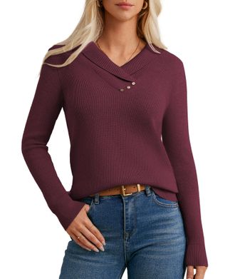 Grace Karin Damen Elegant Langarm Alltag AusgehenEinfarbig Jumper Fashion Winter V-Ausschnitt Slim Fit Pullover Dunkelrot XXL