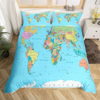 Generic Weltkarte Bettw&auml;sche 135x200 cm F&uuml;nf Kontinente Bettw&auml;sche-Sets Superweich Mikrofaser 3 Teilig Haben 1 Bettbezug und 2 Kissenbez&uuml;ge 80&times;80cm mit Rei&szlig;ve