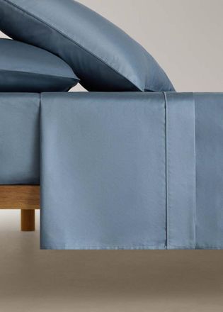 Mango Drap plat coton satin 600 fils finition liser&eacute; lit 200 cm bleu - Home - Lit 200 cm - MANGO HOME