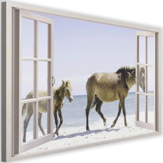 Feeby Leinwandbild XXL Fenster-Illusion Wandbild Kunst Pferde Strand Braun 120x80 cm
