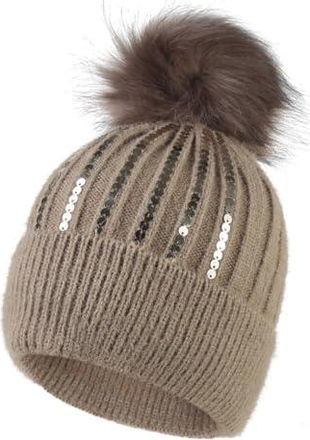 Generic M&uuml;Tze Bonnet dhiver pour femme avec pompon en fourrure synth&eacute;tique et bandes &agrave; paillettes pour femme et adolescente, Kaki (01), taille unique