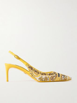 Dolce & Gabbana Maiolica Lollo Slingback-pumps Aus Canvas Mit Jacquard-muster Und Lederbes&auml;tzen - Gelb
