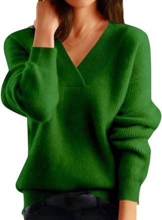 TOMWELL Pull Femme Chic Hiver Élégant Tricoté Col en V Pullover Sweater à Manches Longues Chandails Tricot Haut Casual Couleur Unie en Tricot Pulls A Vert XS