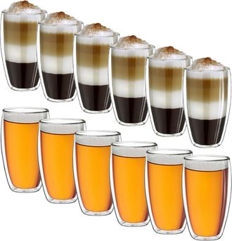 Creano Thermogläser doppelwandig 250ml DG-SH, 12er Set, große doppelwandige Gläser aus Borosilikatglas, Kaffeegläser, Teegläser, Latte Macchiato Gläser