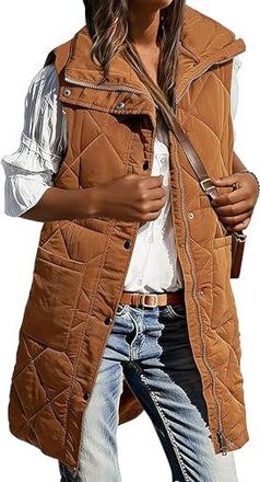 Generic Gilet long matelass&eacute; sans manches avec fermeture &eacute;clair et bouton pression pour femme - Couleur unie - Coupe ajust&eacute;e, caramel, XXL