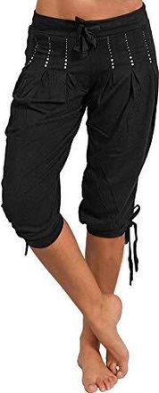 ORANDESIGNE Femme Pantalons 3/4 Pantacourt Ample Plazzo Legging Casual Été Capri Bermudas Short Taille Elastique Jogging Sport Sarouel Casual Occasionnels Sarouel