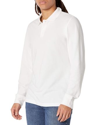 Amazon Essentials Herren Piqué-Poloshirt mit Langen Ärmeln in schmaler Passform, Weiß, XL