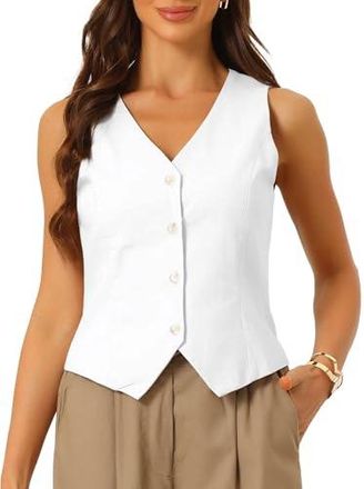 Allegra K Blazer sans Manches Femme Gilet Boutonné de Bureau Col en V Veste Courte Gilet de Costume Blazer daffaire Blanc crème XL