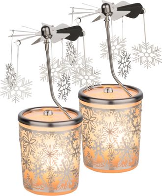 MaMeMi 2er Set WEIHNACHTLICHES WINDLICHT - Teelichtkarussell aus Glas [Motiv Schneeflocke] - H&ouml;he 15 cm, inkl. Teelicht - Perfekte ADVENTS- & WEIHNACHTSDEKOR