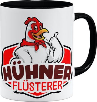OM3 H&uuml;hnerfl&uuml;sterer Tasse Farmer H&uuml;hner Fl&uuml;sterer Huhn Hahn IV - Keramik Becher - 11oz 325ml - Beidseitig Bedruckt - Schwarz