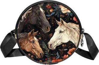 Generic Sac &agrave; bandouli&egrave;re rond pour femme, motif cheval et fleurs, petit sac &agrave; dos &agrave; bandouli&egrave;re avec fermeture &eacute;clair, bretelles r&eacute;glables, sac &agrave; main rond d