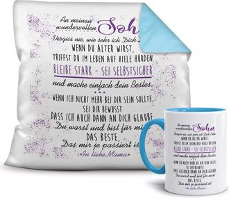 Tassendruck Geschenkset von der Mama f&uuml;r den Sohn - Tasse und Kissen - Himmelblau/Verwandte/Geschenk-Idee/Liebling/Familie