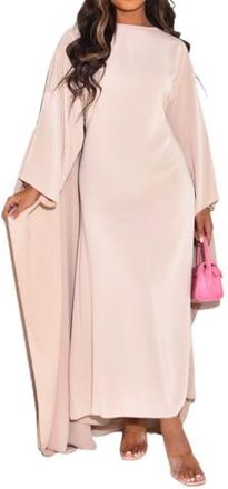 Generic Robe Abaya papillon pour femme, tendance, ample, décontractée, fluide, en satin, manches chauve-souris, robe en satin uni pour lAïd, beige, S