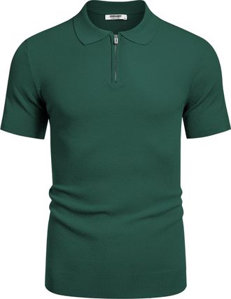Coofandy Poloshirt Herren Sommer Reißverschluss Strick Poloshirts für Herren Kurzarm Männer Polohemd Einfarbig Golf T Shirts Dunkelgrün 3XL