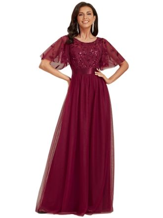 Ever-pretty Damen Abendkleid A-Linie Spitze Kurze &Auml;rmel Partykleid lang Burgund 42