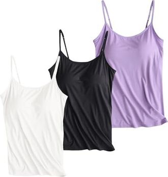 Generic Lot de 3 débardeurs pour femme avec soutien-gorge intégré et bretelles spaghetti réglables - Décontracté - Pour le yoga et le sport, Lot de 3 - 24, 3X