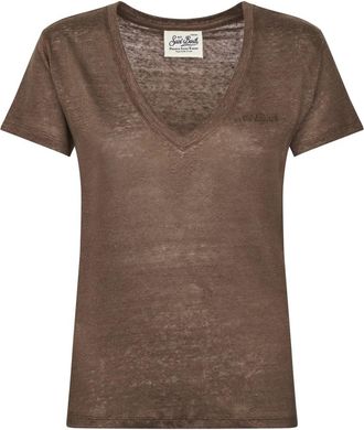 MC2 Saint Barth Femme, Tops, Brun, Taille: 38 FR Eloise T-shirt en lin &agrave; col en V