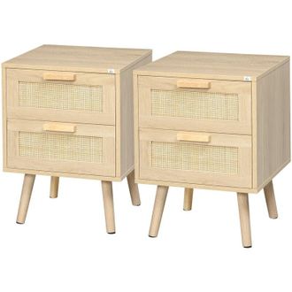 HOMCOM Homcom - Lot de 2 tables de chevet 2 tiroirs chacune cannage rotin bois panneaux aspect bois clair