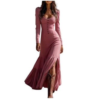 Generic Robe de cowgirl occidentale pour femme, manches longues, col en V, boutons, robe maxi vintage, fente lat&eacute;rale, style boh&egrave;me, robe trap&egrave;ze fluide, rose