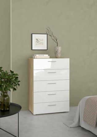 Dmora Kommode Yolande, Mehrzweckkommode, Schlafzimmerkommode, Schrank mit Schubladen, 70x40 h102 cm, Eiche und Wei&szlig;