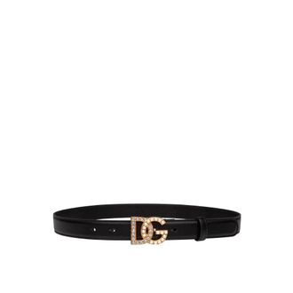 Dolce & Gabbana Ceinture en cuir de veau avec logo DG et perles - Femme - Accessoires - Noir - Taille: 85 CM