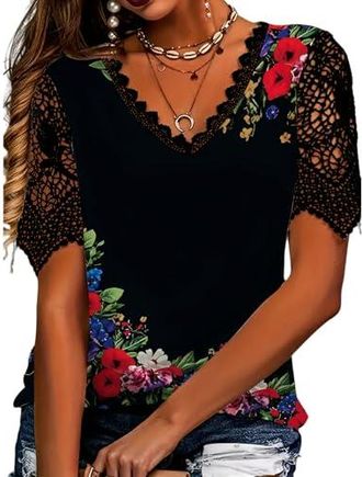 Generic Élégant haut dété léger et respirant avec bordure en dentelle et col en V pour femme, chemise dété légère et respirante à manches courtes, Noir, 4XL