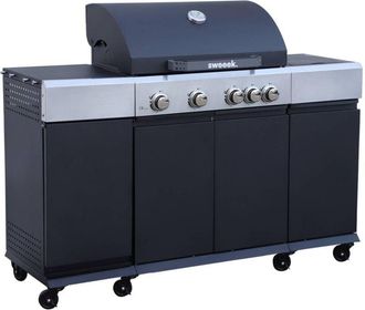 Sweeek Barbecue gaz 4 br&ucirc;leurs + 1 feu lat&eacute;ral MAXIM noir. Acier. thermom&egrave;tre int&eacute;gr&eacute;. r&eacute;cup&eacute;rateur de graisse. grille de chauffe. L 145.5 x P 61.5 x H