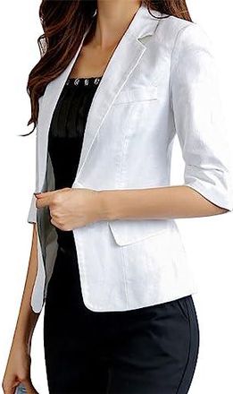 Generic Blazer Sportif et &Eacute;l&eacute;gante pour Femme - Manches 3/4 - Lin - Noir - Taille S - Modern Fit - Col Crant&eacute; - Veste d&Eacute;t&eacute; et de Transition - Coupe Courte - R