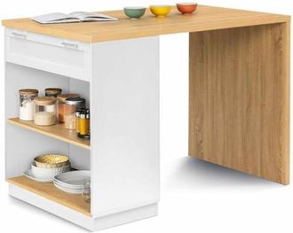 IDMarket Ilot Central Mange Debout 4 Personnes VITO 130 cm Blanc et Plateau Bois