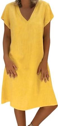 Generic Robes unies pour femmes, robes dété dautomne à manches courtes et col en V, en lin, longueur genou, robes amples pour femmes 2025 Y2K, O-357 Jaune mou
