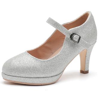 Dadawen Escarpins Femme &agrave; Talon et Bride Cheville Style Mary Jane Noir- Argent 41