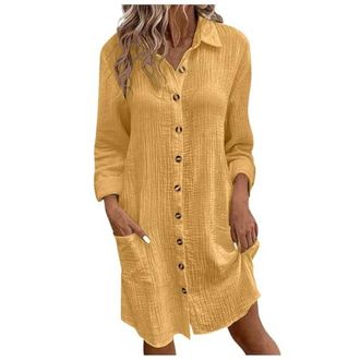 Generic Robe d&eacute;t&eacute; Femme Confortable Nouveau D&eacute;contract&eacute; Couleur Unie Chemise &agrave; Manches Longues Bouton pour Femmes Mi-Longueur D&eacute;contract&eacute;e, jaune, XXL