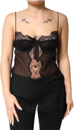 Dolce & Gabbana Femme, Tops, Noir, Taille: 38 FR Chemise en soie et dentelle florale
