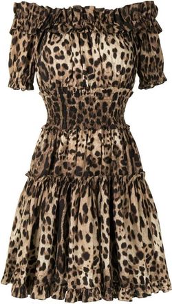 Dolce & Gabbana Femme, Robes, Multicolore, Taille: 38 FR Robe &agrave; Volants et Imprim&eacute; L&eacute;opard &agrave; &Eacute;paules D&eacute;nud&eacute;es