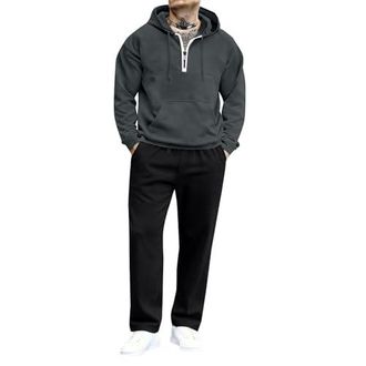 Generic Survêtement athlétique 2 pièces pour homme - Pull à capuche et pantalon de jogging en coton mélangé - Manches longues avec poches, gris foncé, XXL