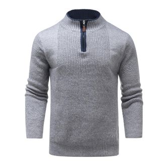 AlltheMen Herren Pullover mit Rei&szlig;verschluss Strickpullover Stehkragen Sweater Zip Winterpullover Warm Hellgrau XXL